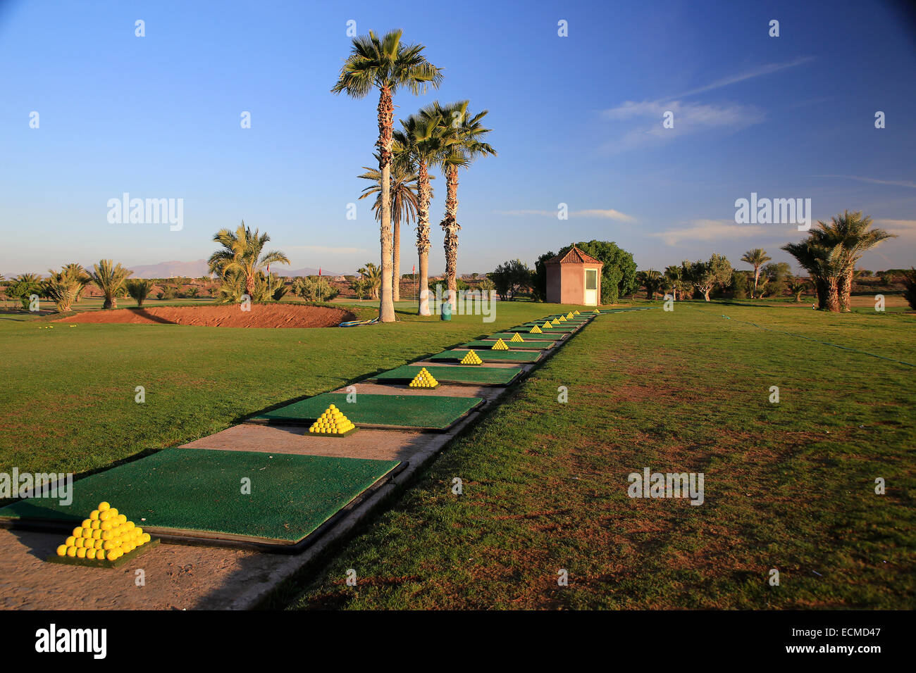 Tropical golf driving range practice with golf balls stacked in ...