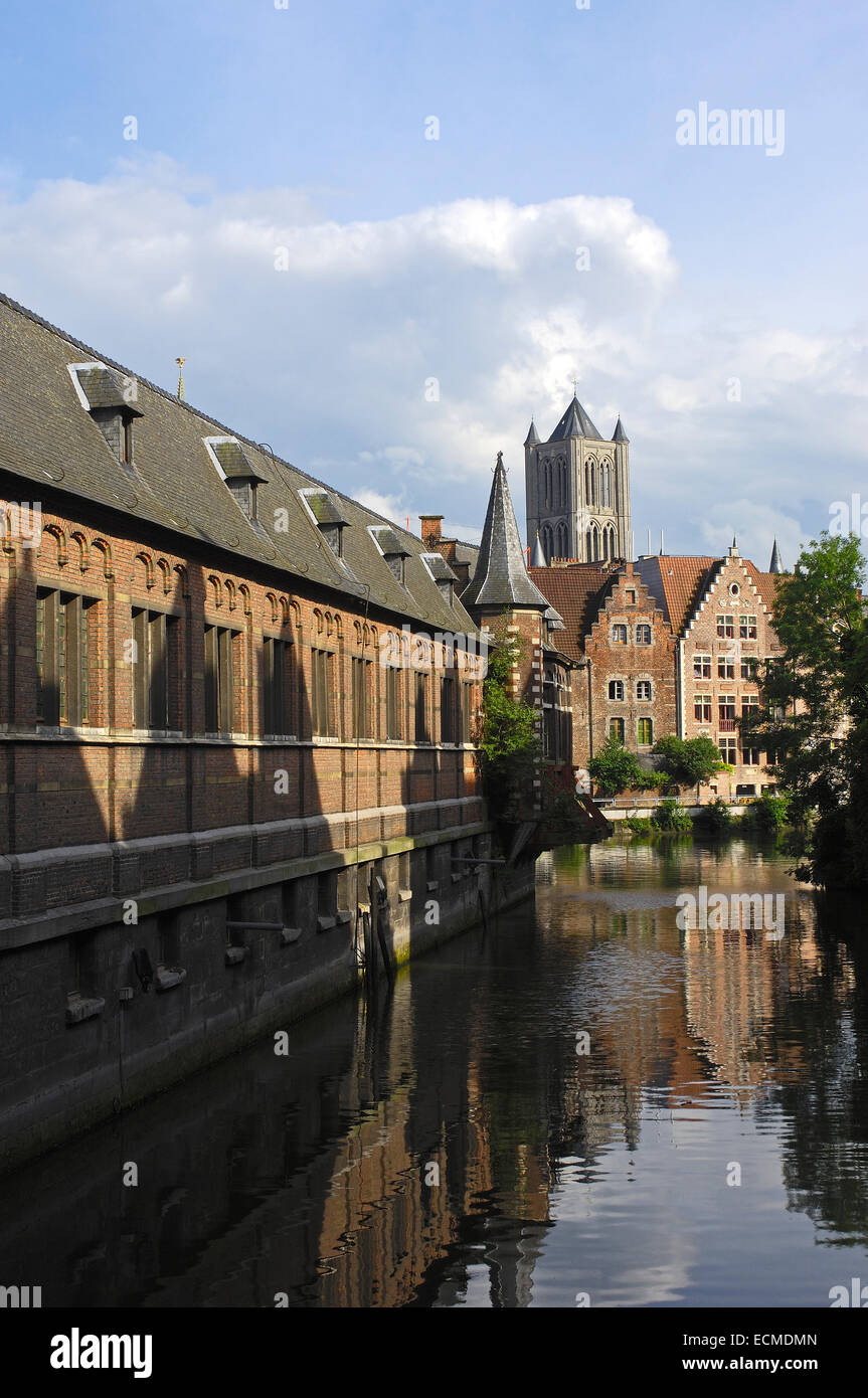 Buildings and water reflections at Leie River, Ghent, Flanders, Belgium ...