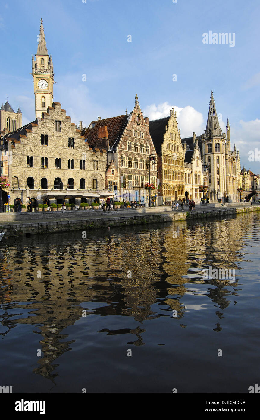 Guild houses and water reflections at the Leie River, Ghent, Flanders ...