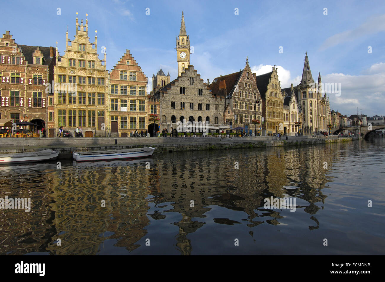 Guild houses and water reflections at the Leie River, Ghent, Flanders ...