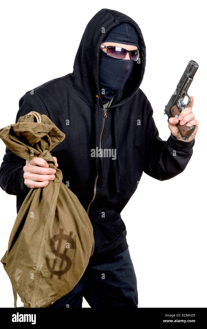 hooded robber with a gun and a bag of money Stock Photo - Alamy