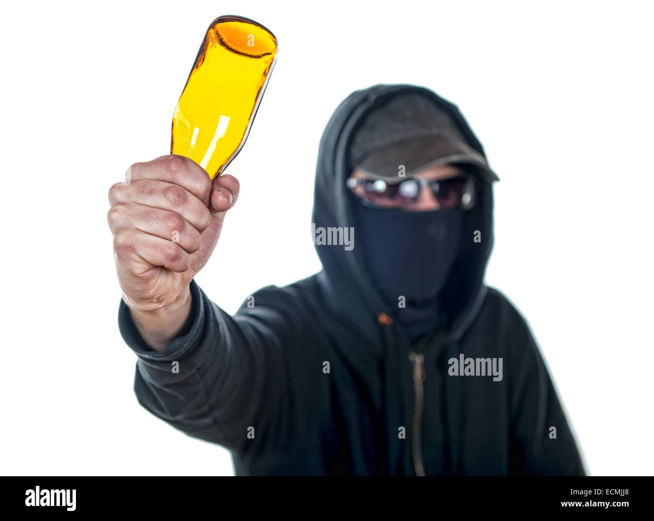 an offender attack with a glass bottle on the white background Stock ...