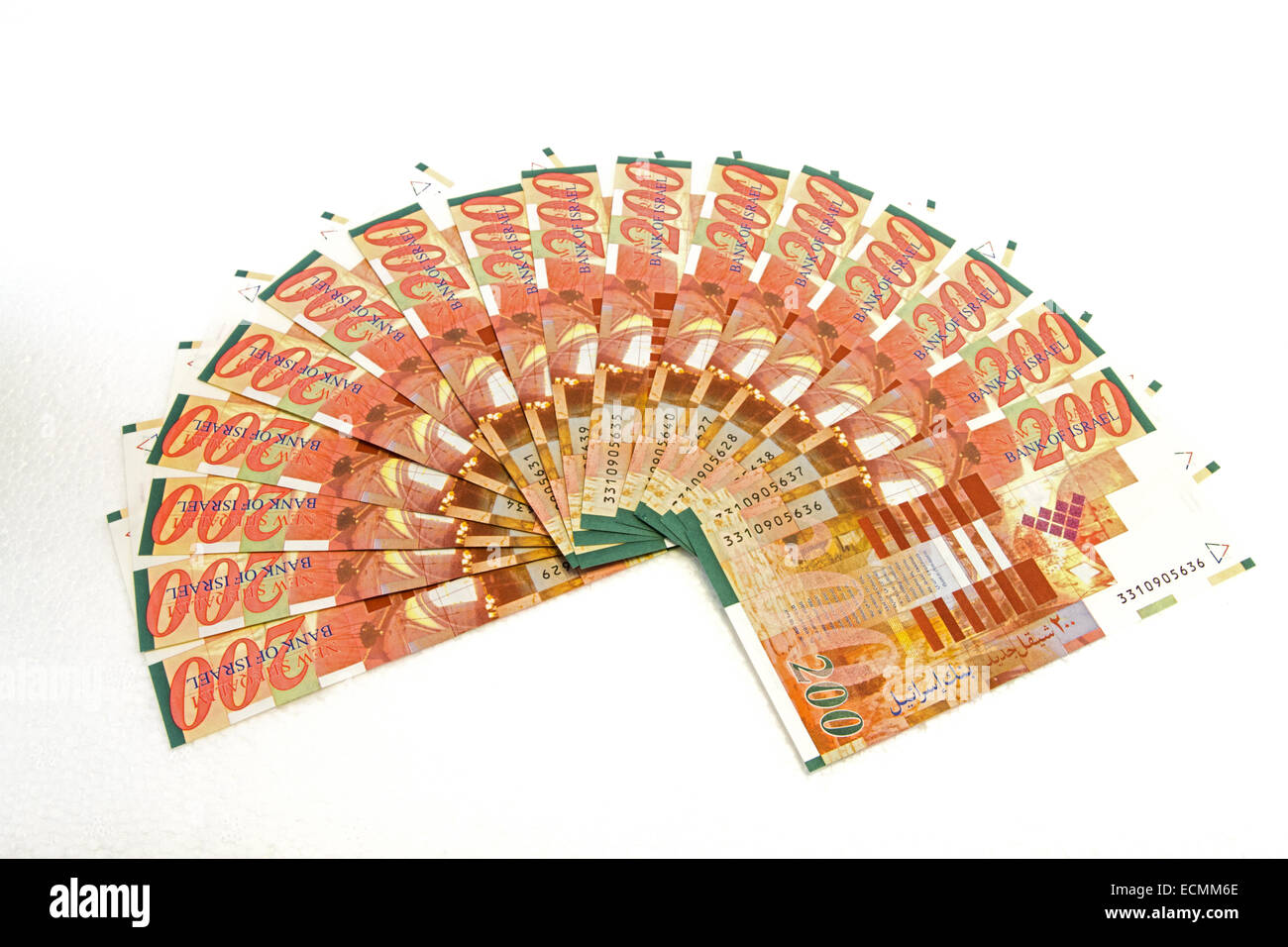 Two hundred shekel bank notes against white background. Concept photo ...