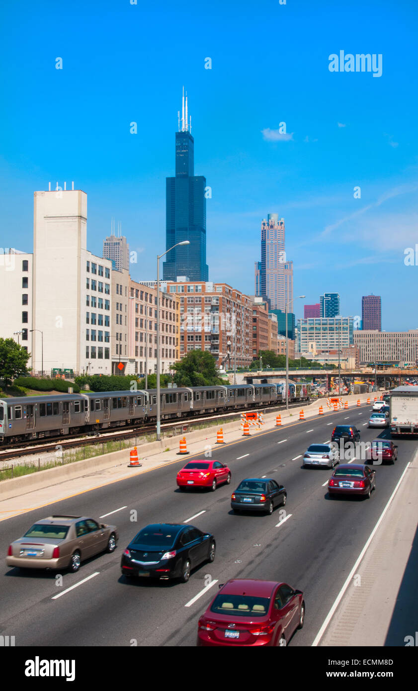 Chicago Illinois traffic on Interstate 290 at skyline near the Sears ...