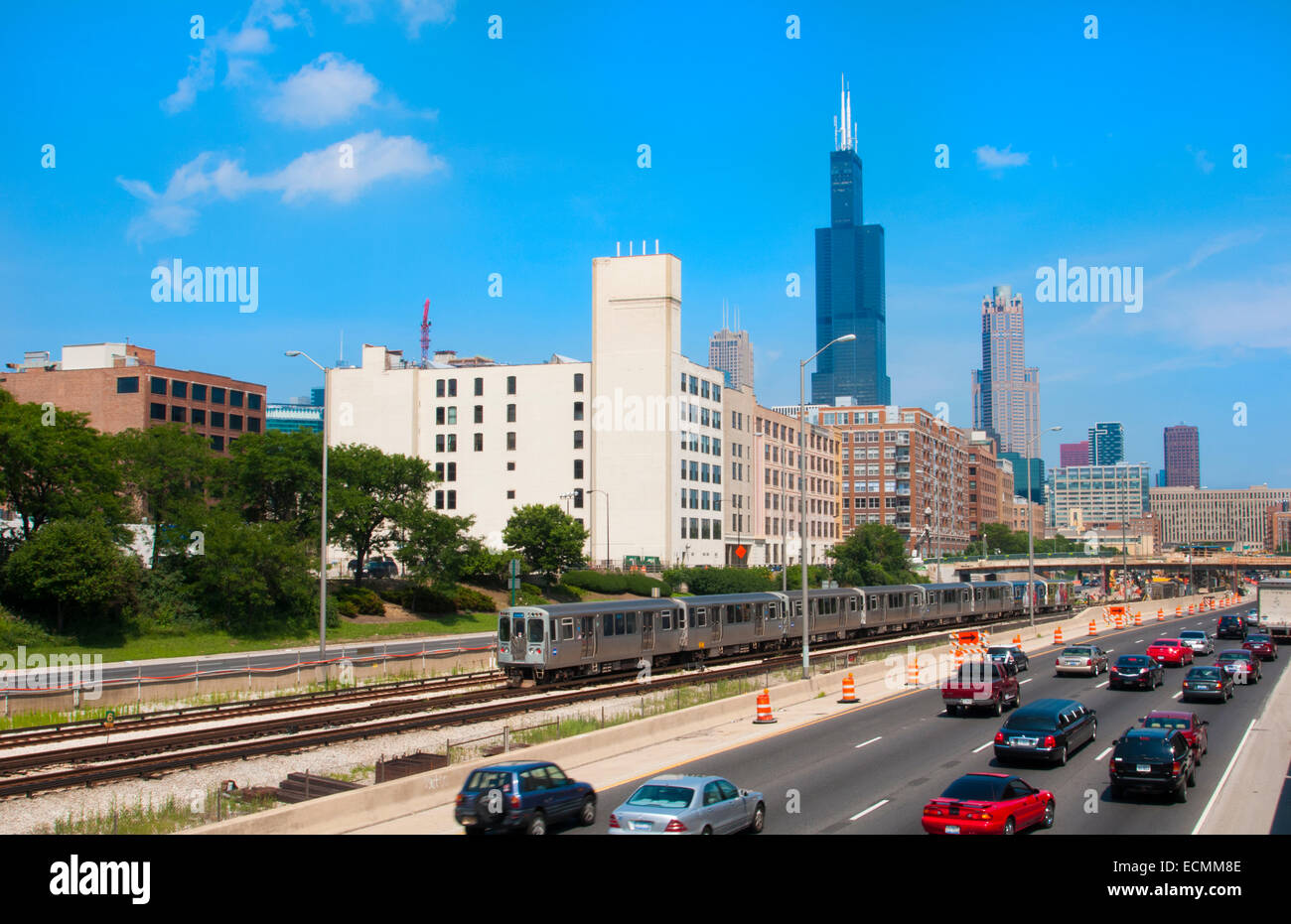 Chicago Illinois traffic on Interstate 290 at skyline near the Sears ...