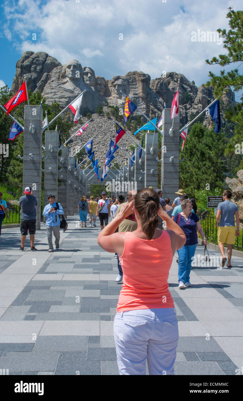 Mount Rushmore South Dakota Keystone entrance with flags and tourists ...