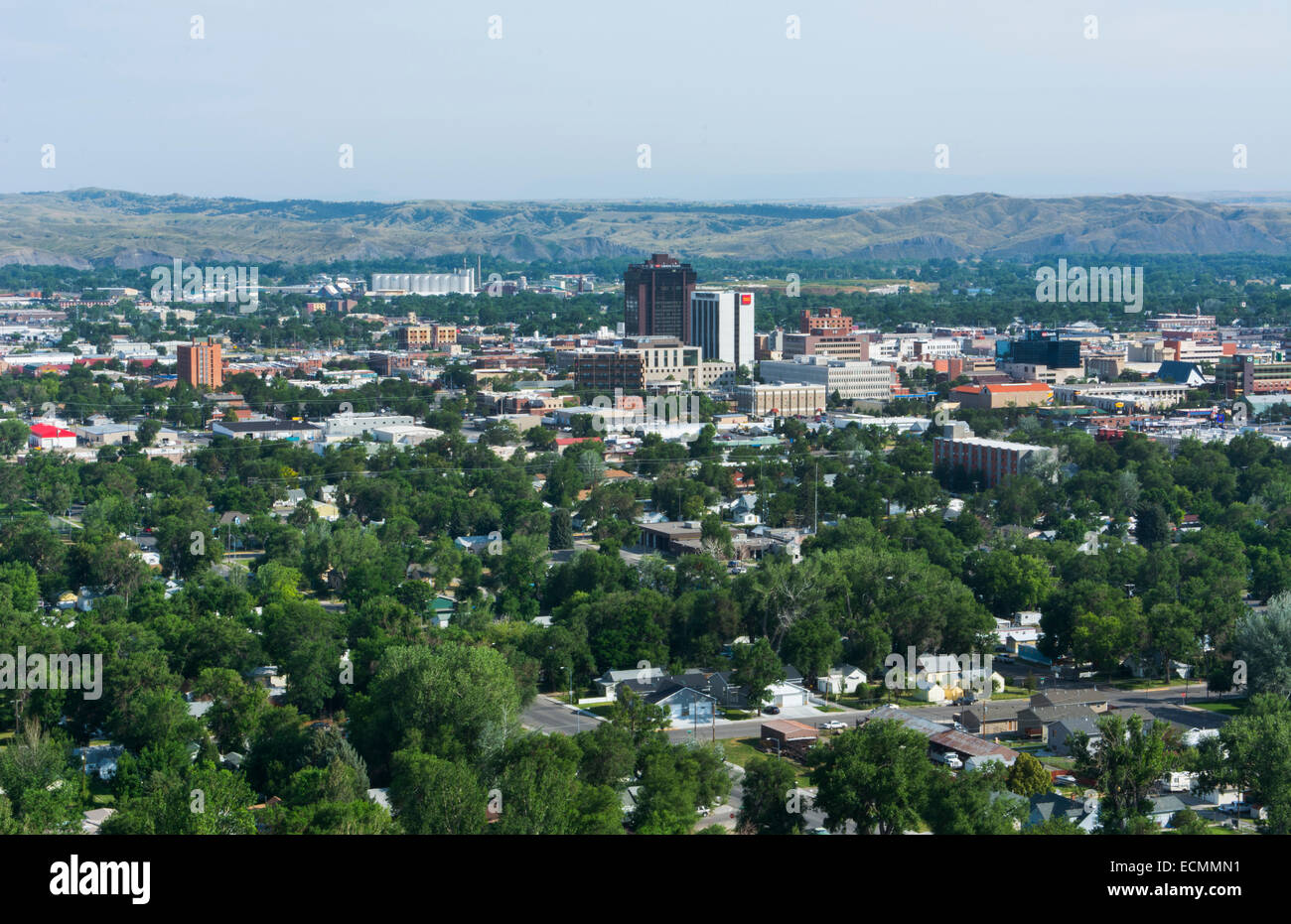 Billings Montana from above on cliff showing city and all green trees ...