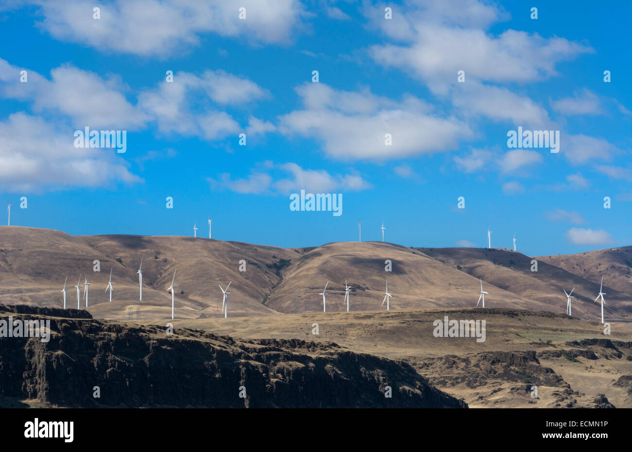 Oregon Wind Power Turbines near The Dalles on highway and mountains for ...