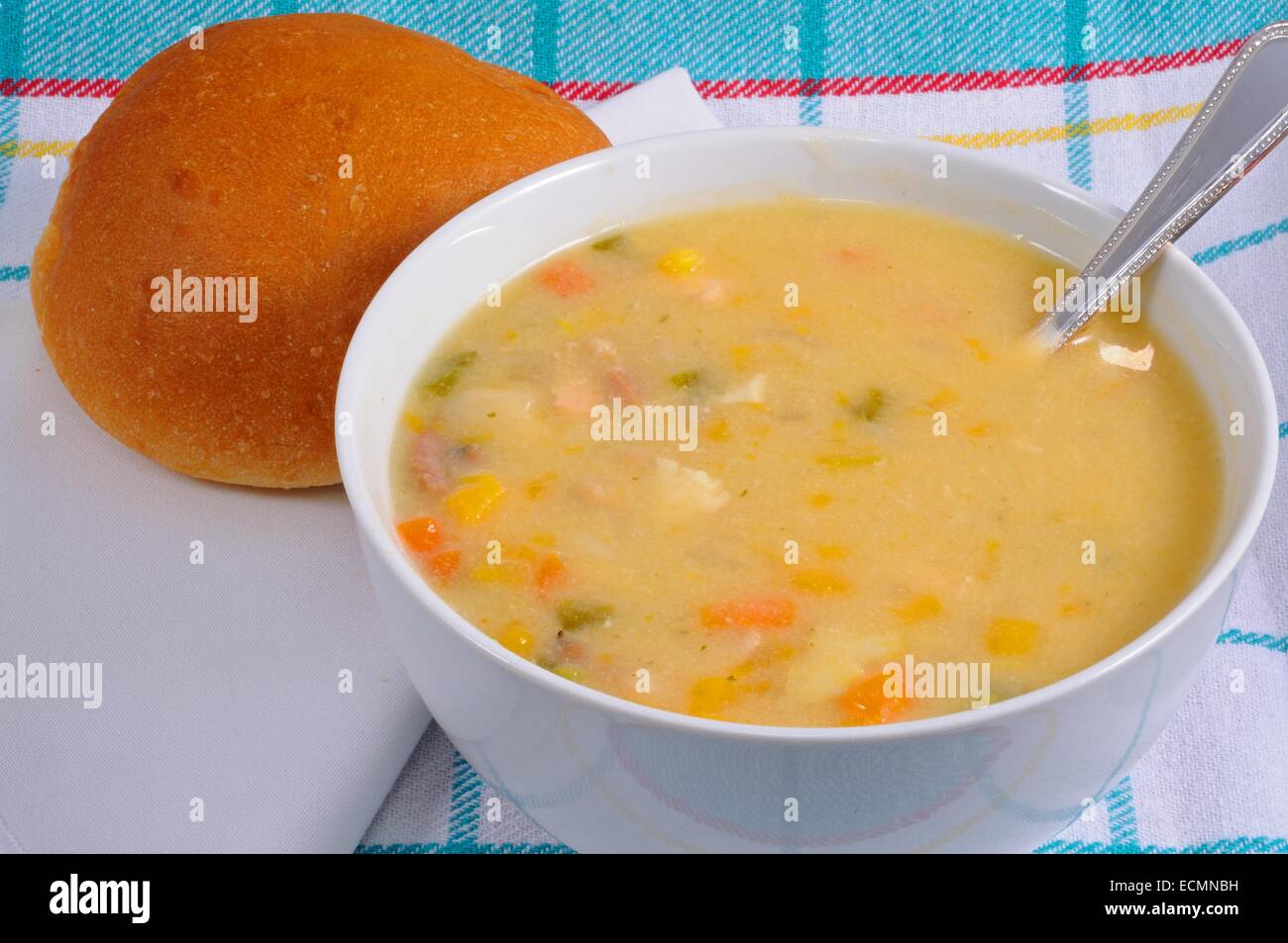 Fish chowder soup including smoked haddock, cod, salmon and vegetables ...