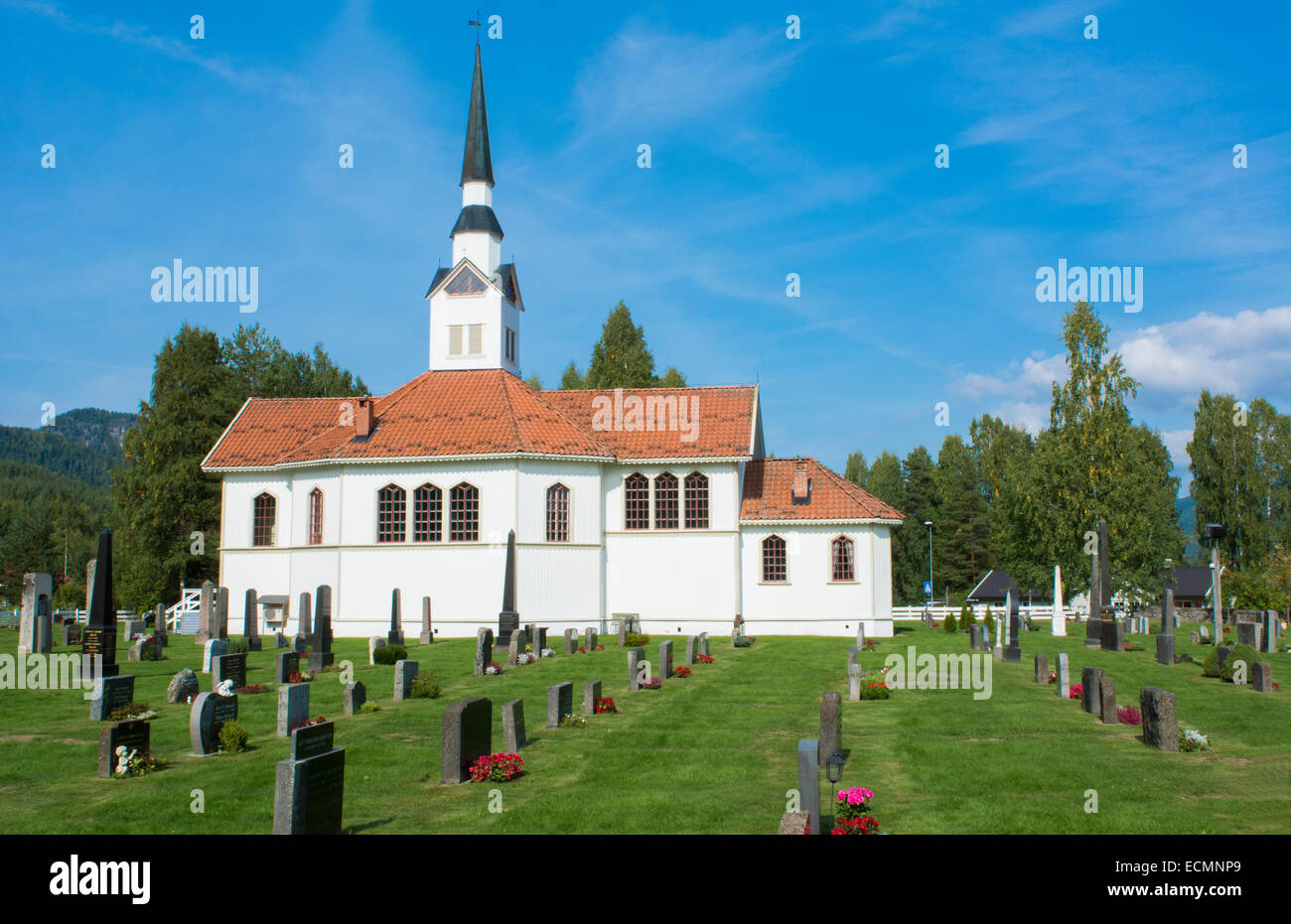 Nes Norway white church called Nes Church with steeple and graves in ...