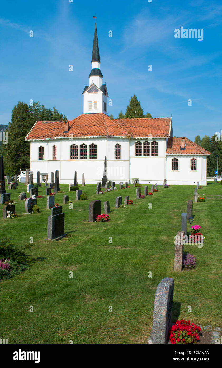 Nes Norway white church called Nes Church with steeple Stock Photo - Alamy