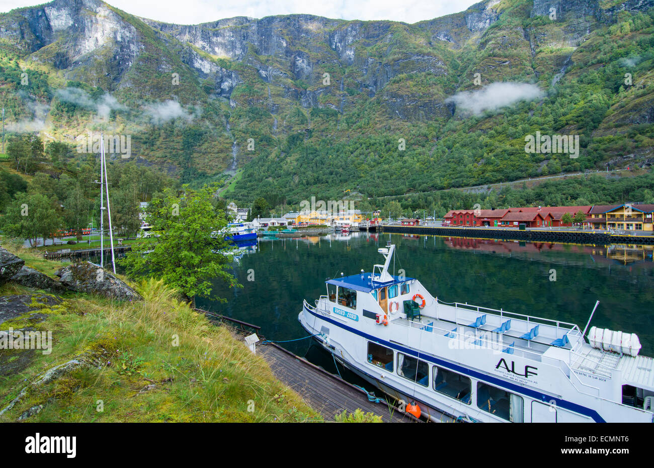 Flam Norway small beautiful village on lake with ferries and boats deep ...