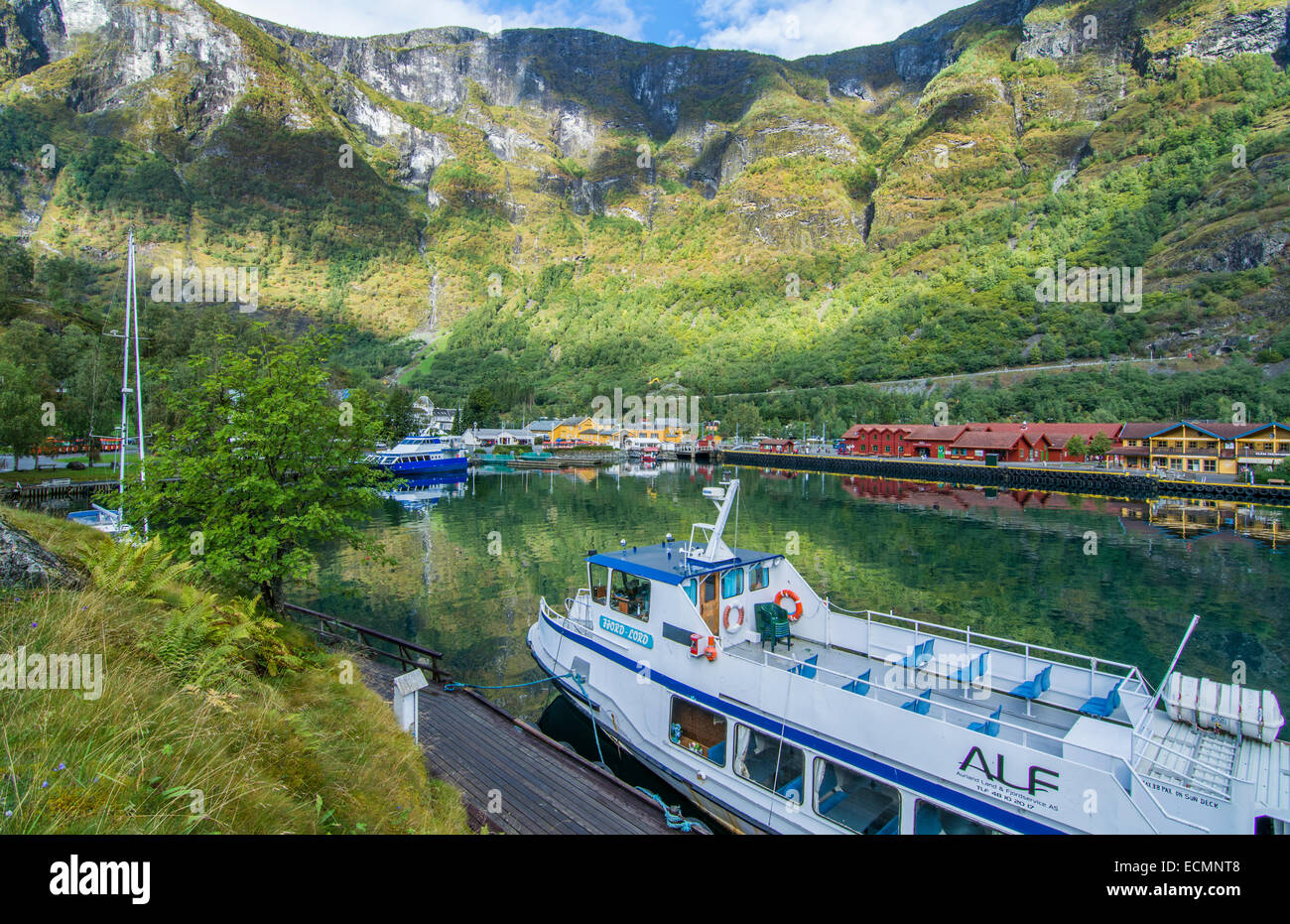 Flam Norway small beautiful village on lake with ferries and boats deep ...