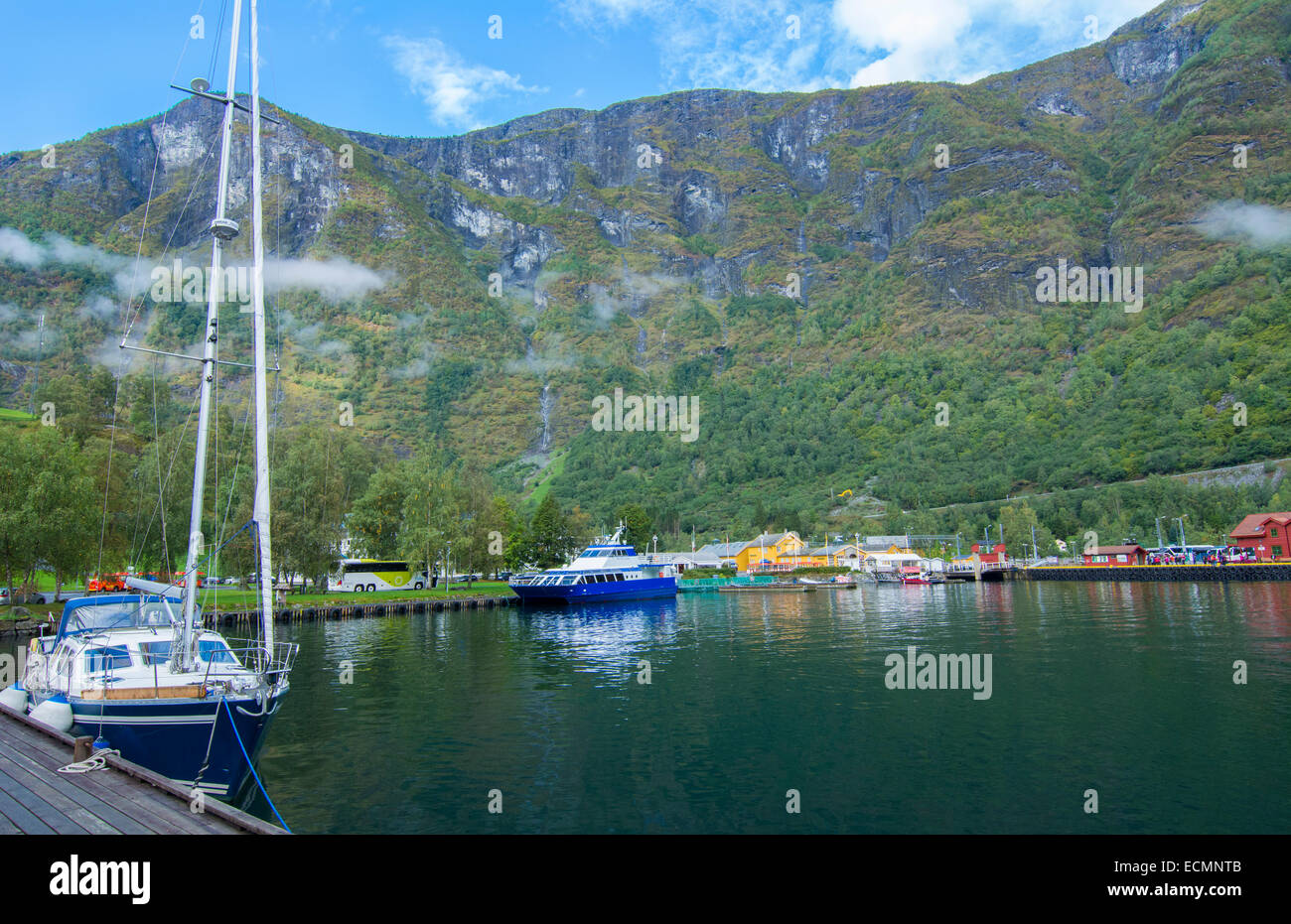 Flam Norway small beautiful village on lake with ferries and boats deep ...
