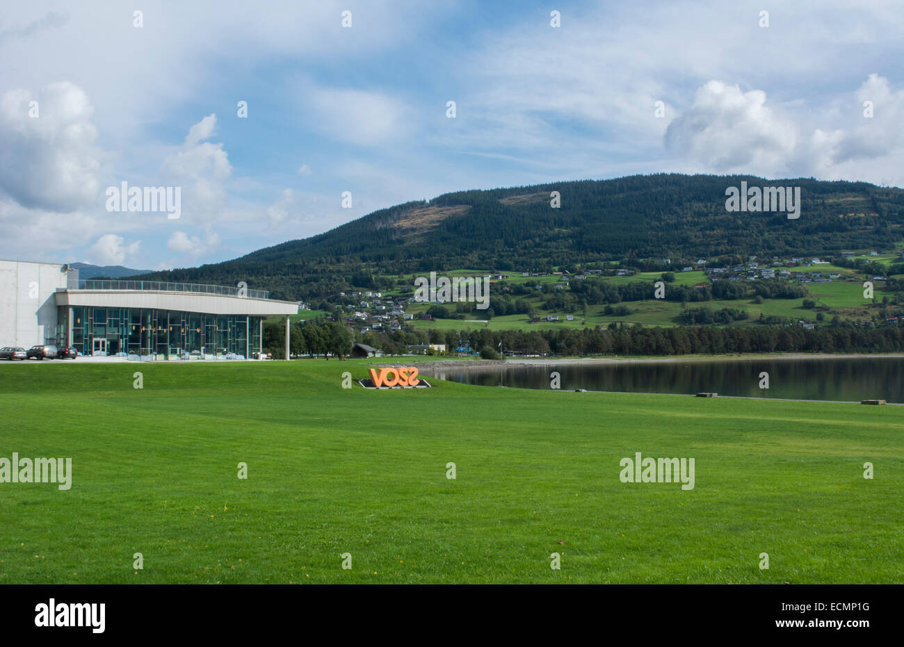 Voss Norway sign of city in fjord valley and new Culture House of glass ...