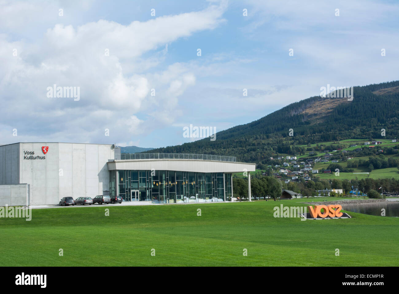 Voss Norway sign of city in fjord valley and new Culture House of glass ...