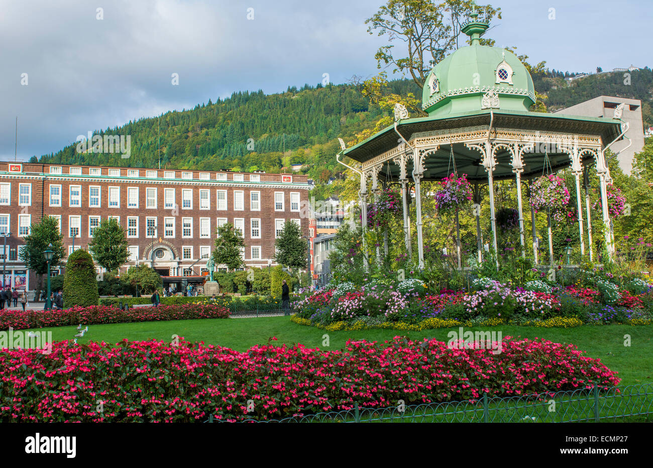 Bergen Norway music Pavillion colorful gazebo with flowers in downtown ...