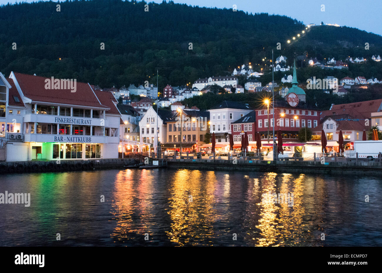 Bergen Norway Bryggen night exposure old town old and harbor with pier ...