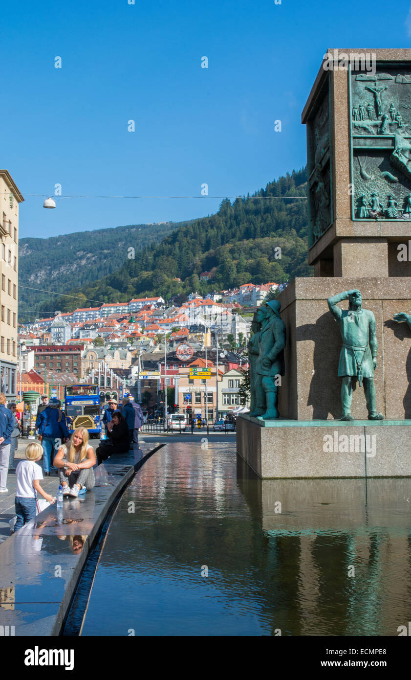 Bergen Norway walking street Torgallmenningen with landmark Sailors ...