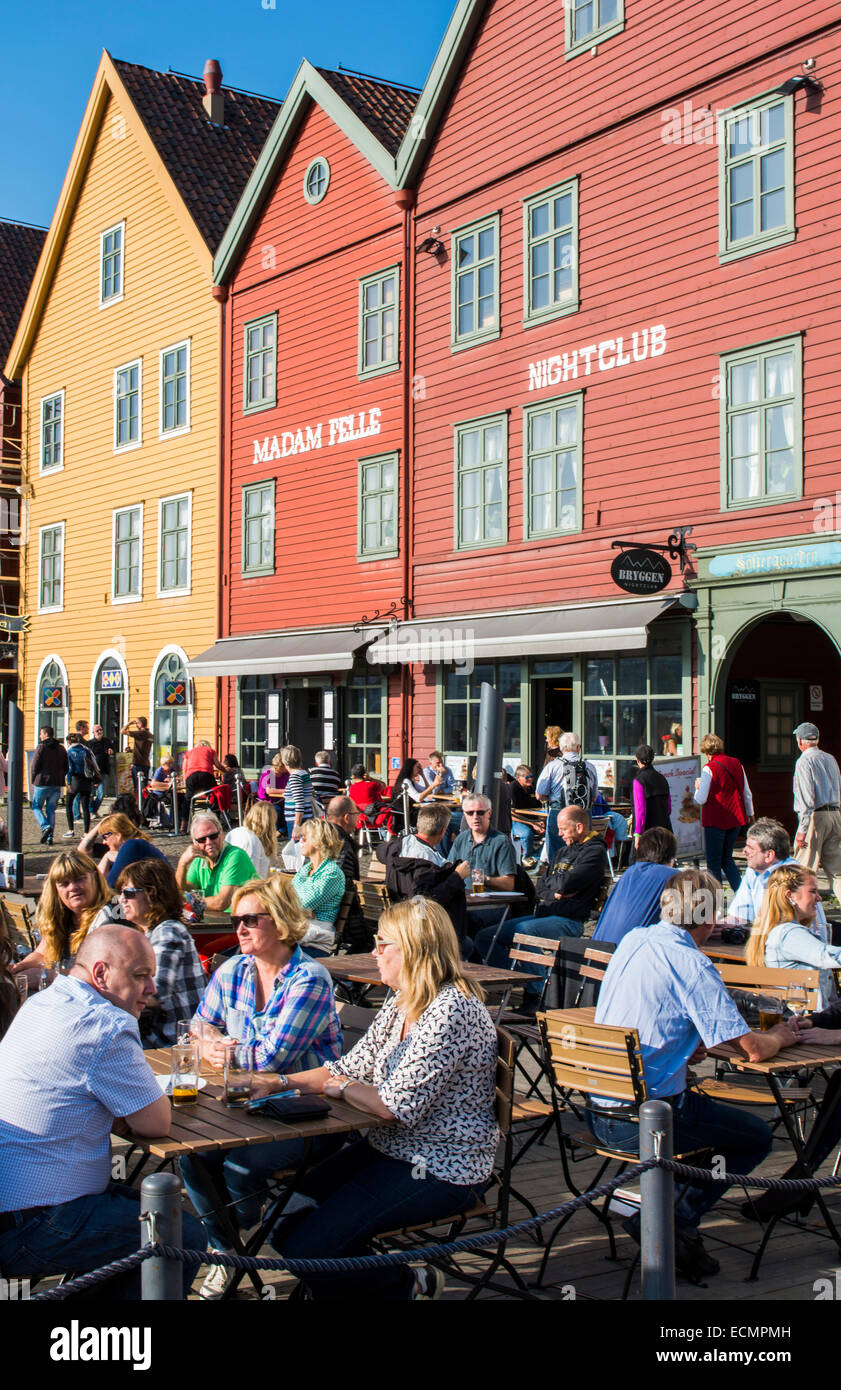 Bergen Norway Bryggen outdoor cafe in front of famous old wooden ...