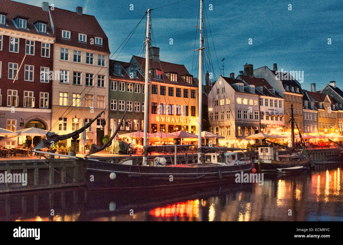 Copenhagen Denmark famous Nyhavn night exposure of color homes and ...