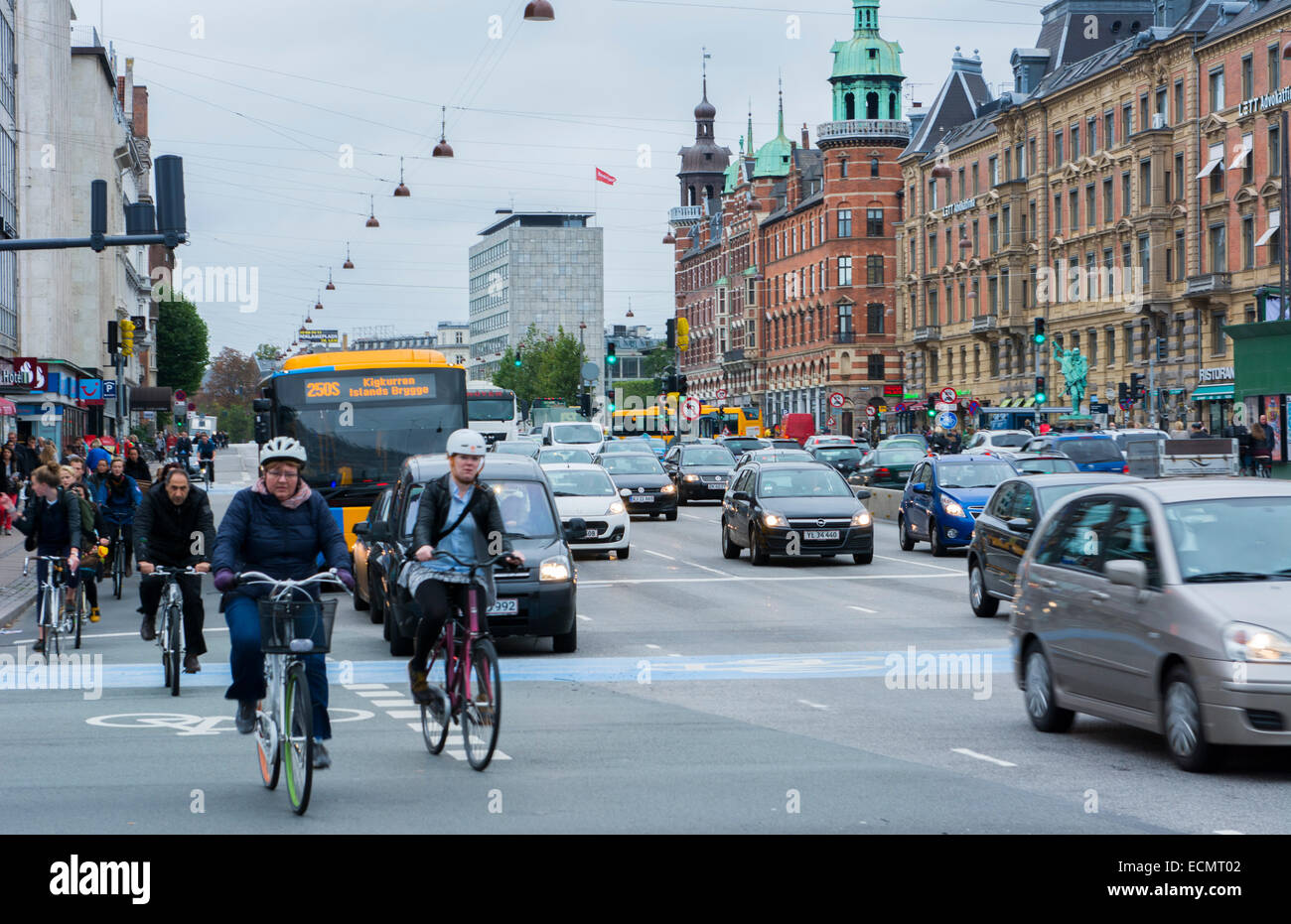 Copenhagen Denmark downtown traffic and bikes in street Kobenhavn Stock ...