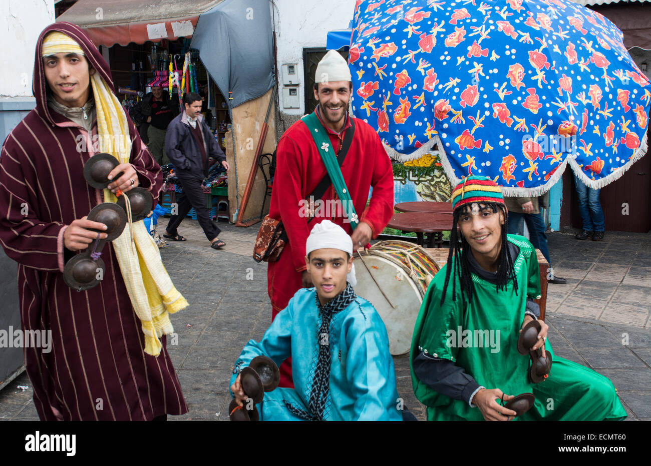 Rabat Morocco main medina young arab boys in band with colorful outfits ...