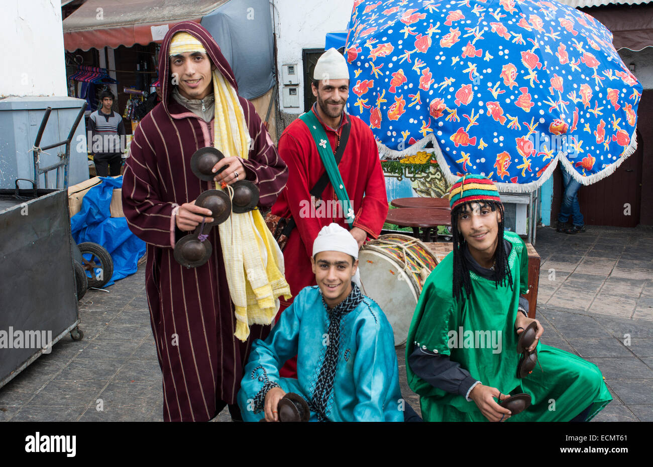 Rabat Morocco main medina young arab boys in band with colorful outfits ...