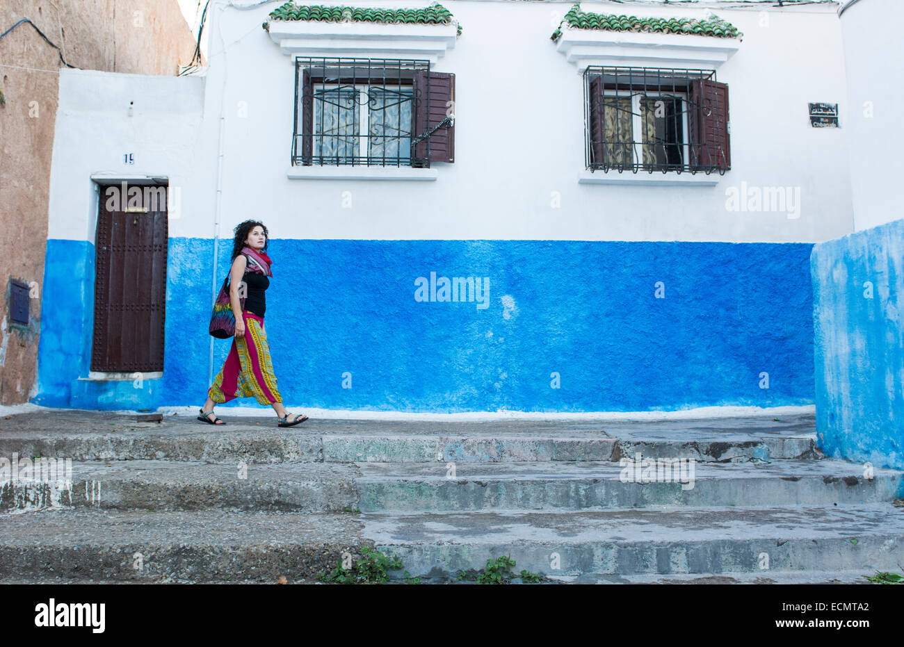 Rabat Morocco beautiful Kasbah Udaya blue walls interior with woman ...