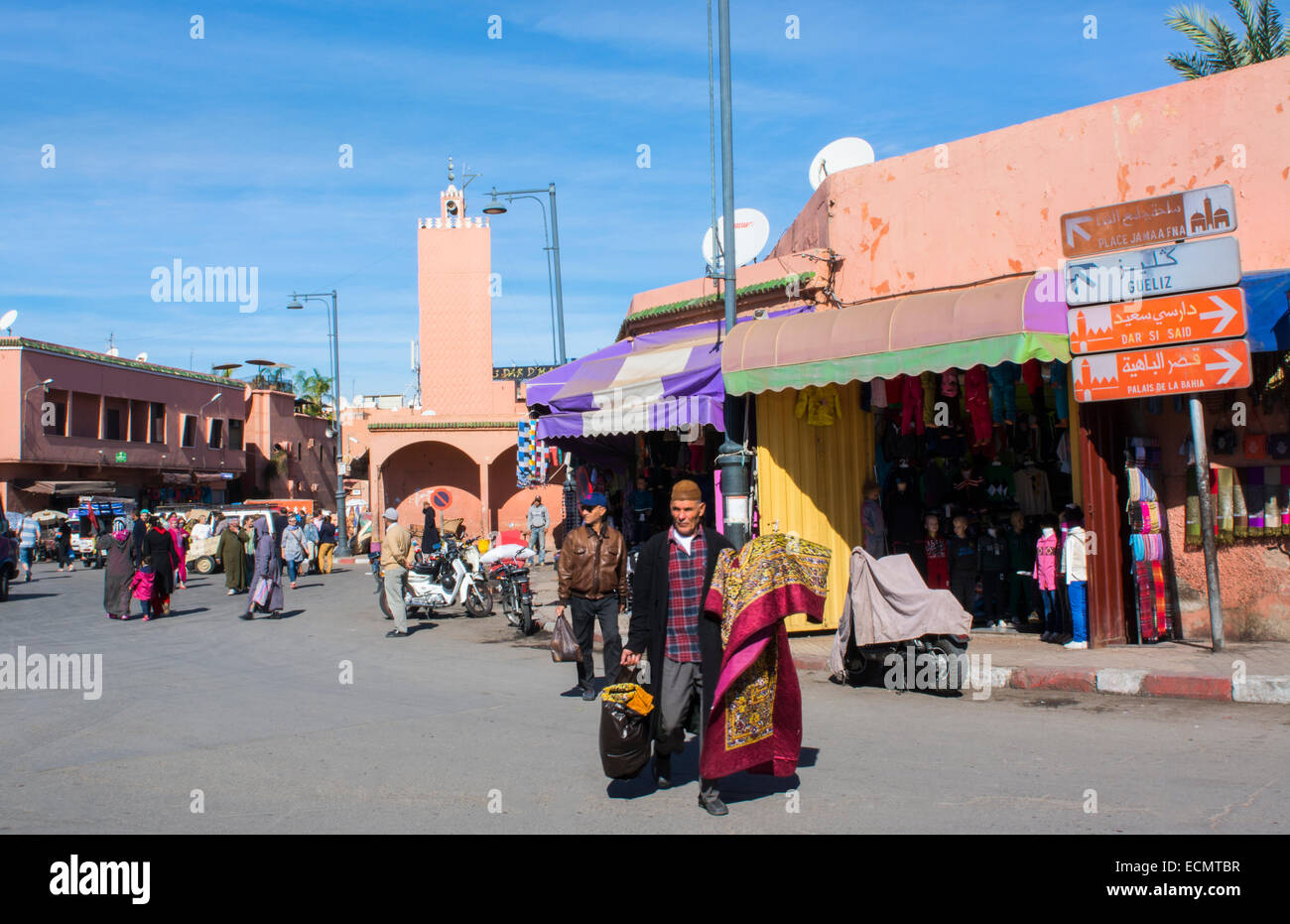 Marrakech Morocco busy traffic on street in Old Jewish area of downtown ...