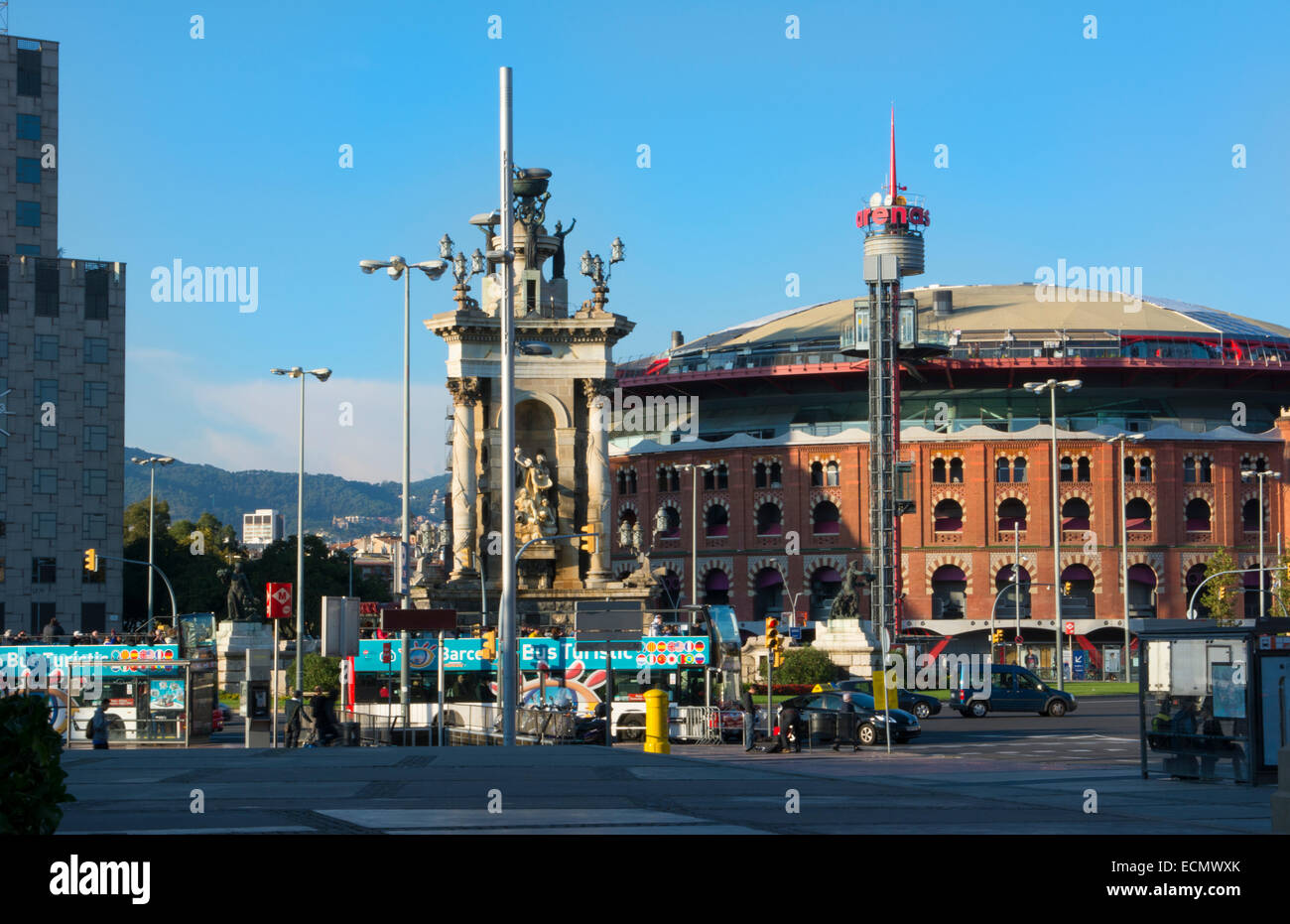 Barcelona Spain traffic in circle called Plaza de Espana and the Arenas ...