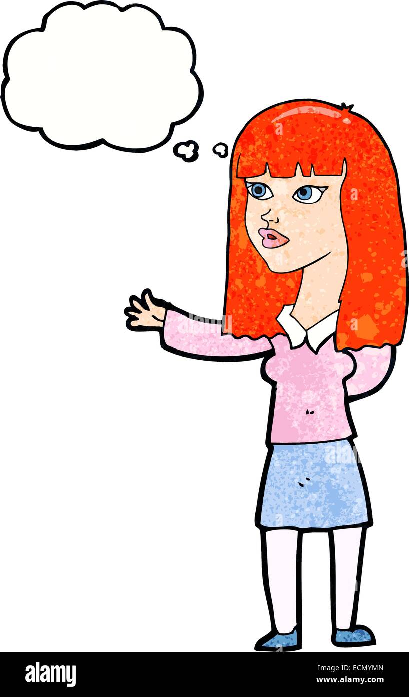 cartoon woman gesturing to show something with thought bubble Stock ...