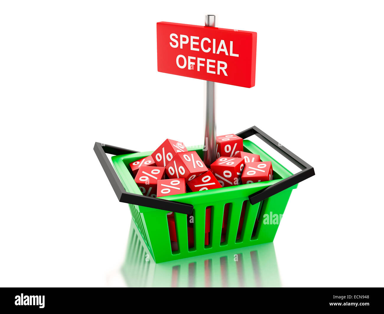 3d renderer illustration. Shopping basket with red cubes. special offer ...