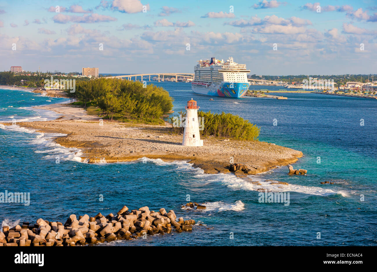 NASSAU, BAHAMAS : Scenic view of the lighthouse, cruise port and resort ...
