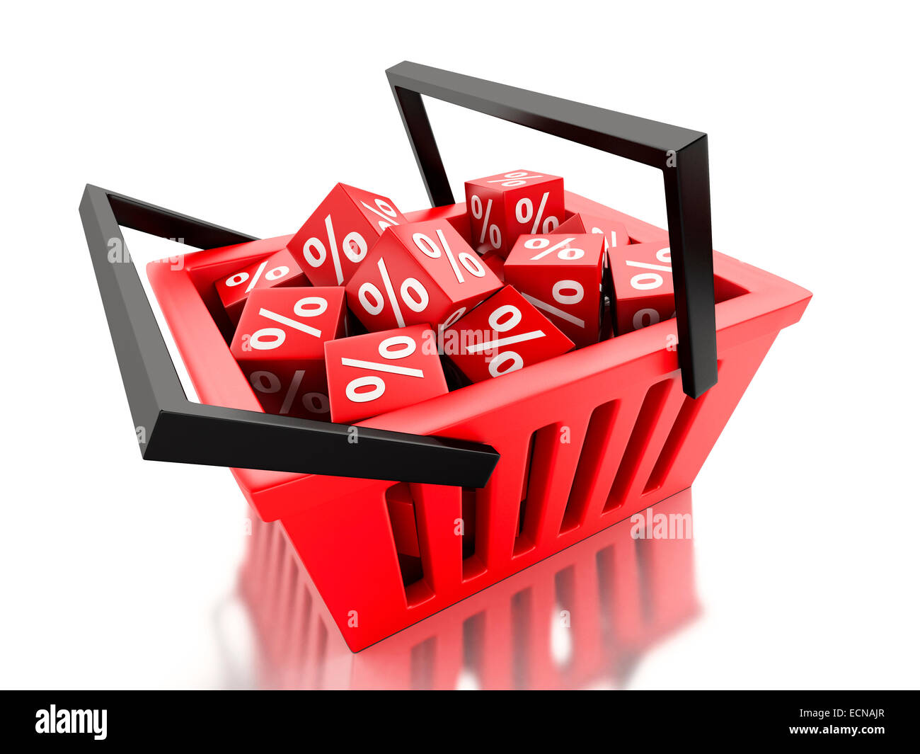 3d renderer illustration. Shopping basket with discount cubes on white ...