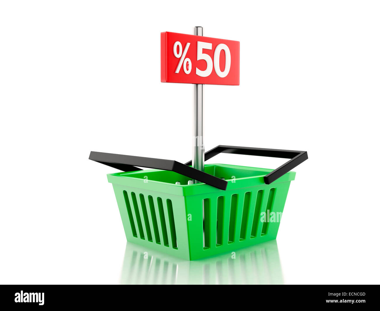 3d renderer illustration. Shopping basket with 50 percent sign ...