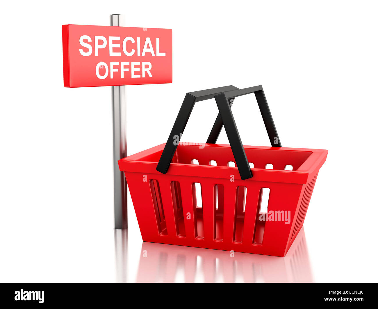 3d renderer illustration. Shopping basket with special offer sign on ...