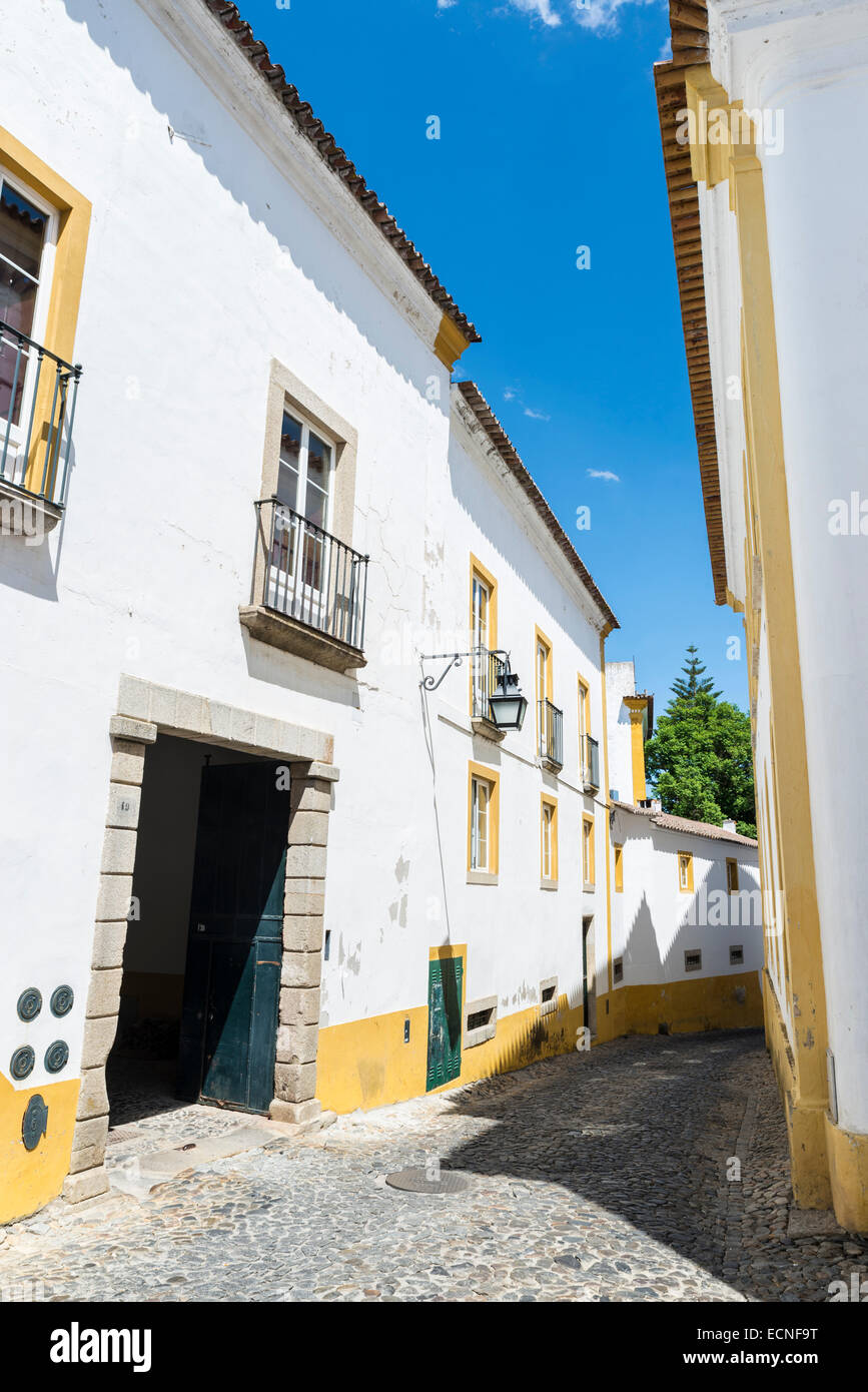 Street in Evora, Portugal. Since 1996, Evora is declared World Heritage ...