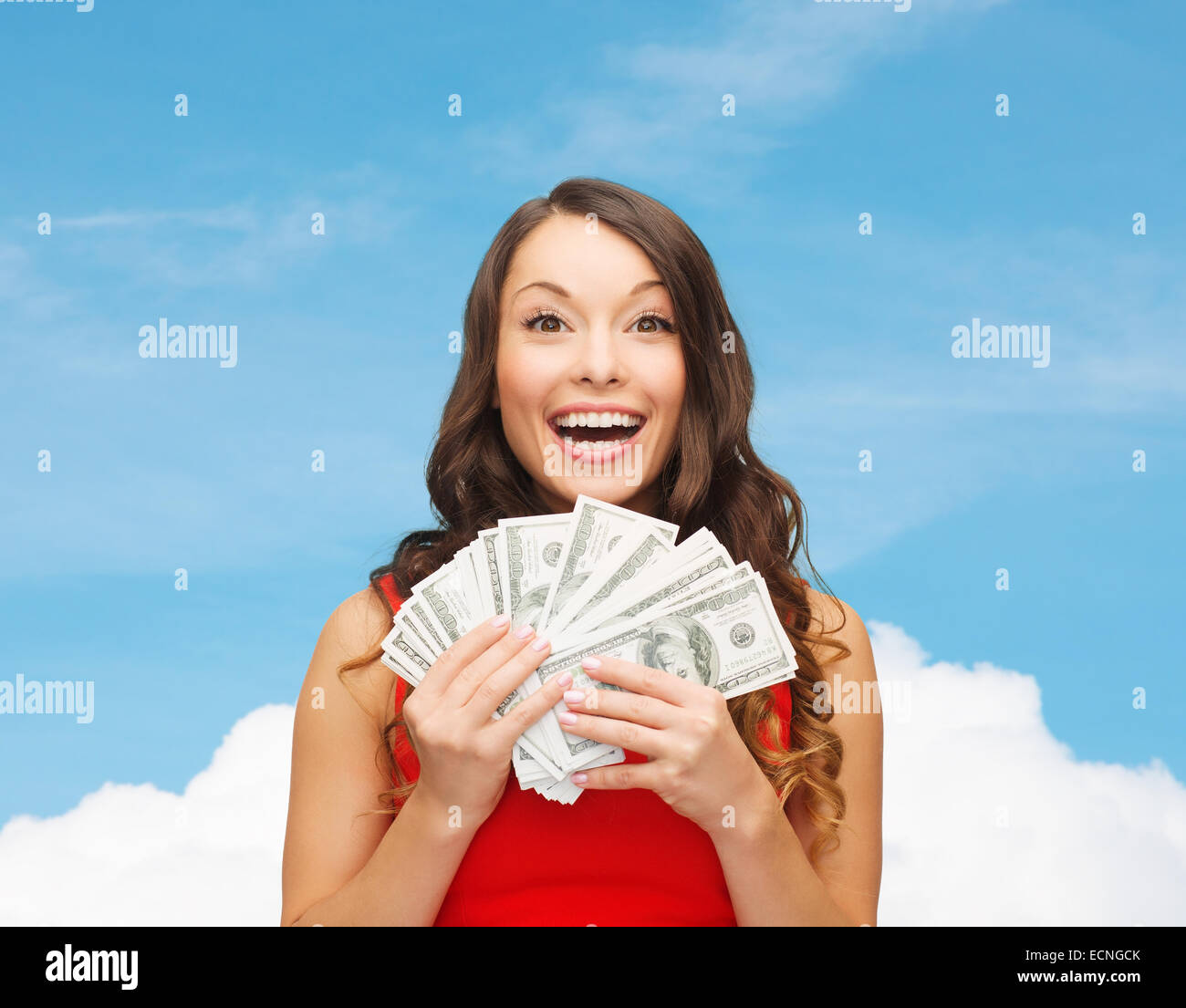 woman in red dress with us dollar money Stock Photo - Alamy