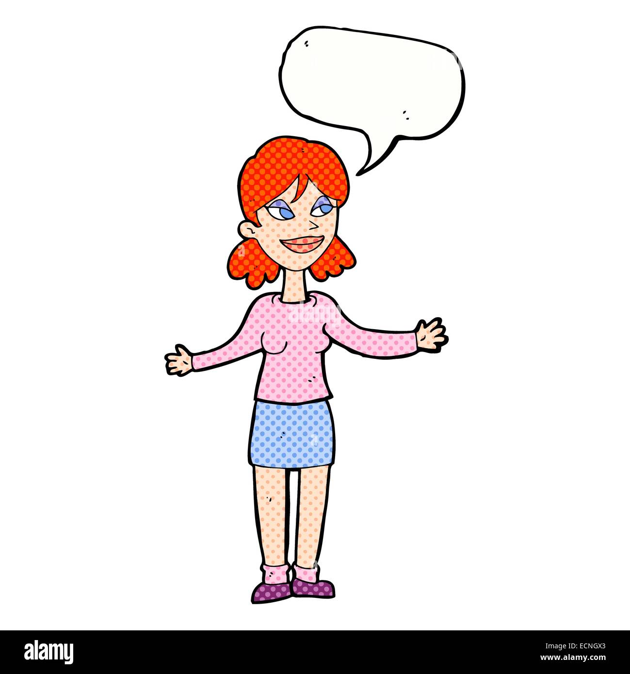 cartoon happy woman shrugging shoulders with speech bubble Stock Vector ...