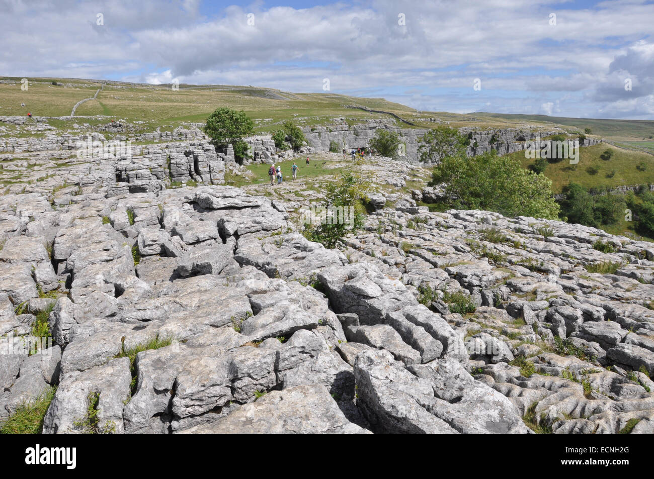 Limestone pavement on top of Malham Cove, a natural limestone formation ...