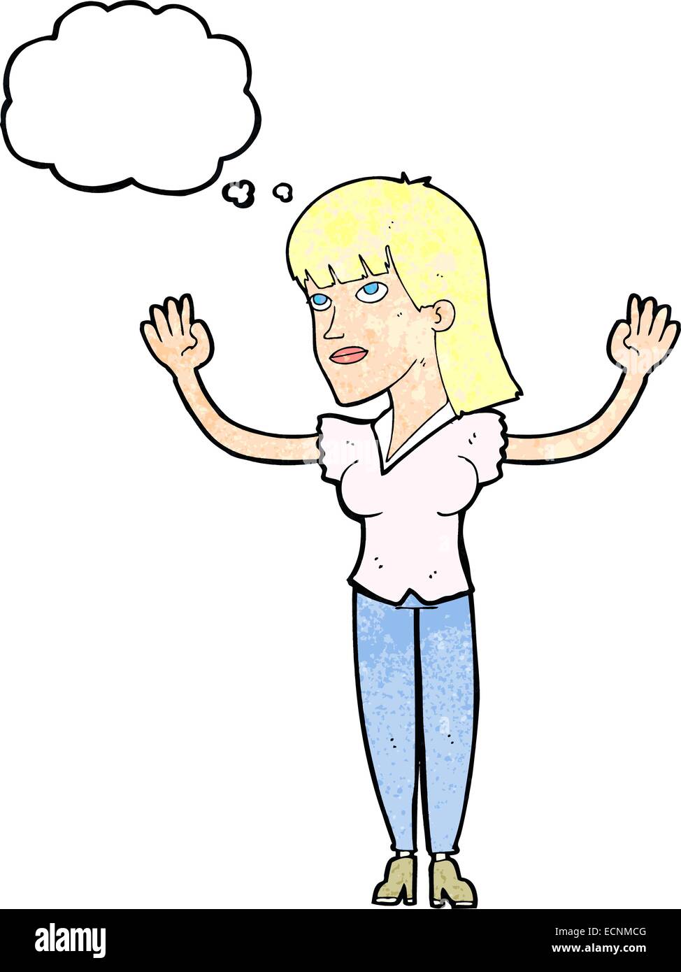 cartoon woman throwing hands in air with thought bubble Stock Vector ...