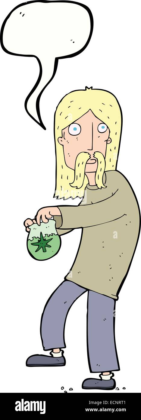 cartoon hippie man with bag of weed with speech bubble Stock Vector ...