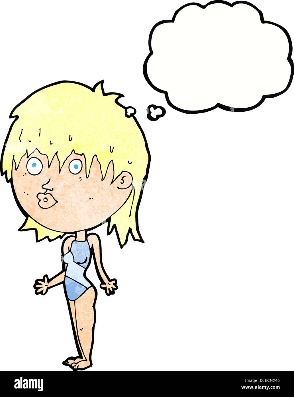 Cartoon Woman In Swimsuit Shrugging Shoulders With Thought Bubble Stock
