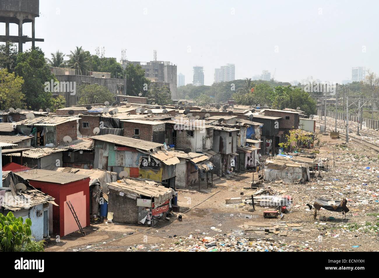 These ramshackle huts are part of the Dharavi slum in Northern Mumbai, biggest slum in Asia ...