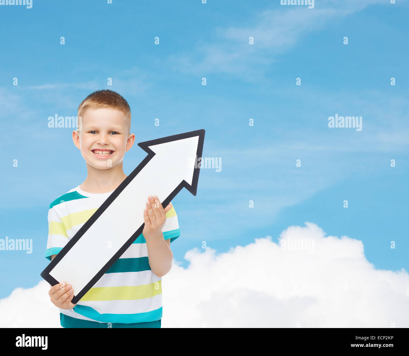 smiling little boy with blank arrow pointing right Stock Photo - Alamy