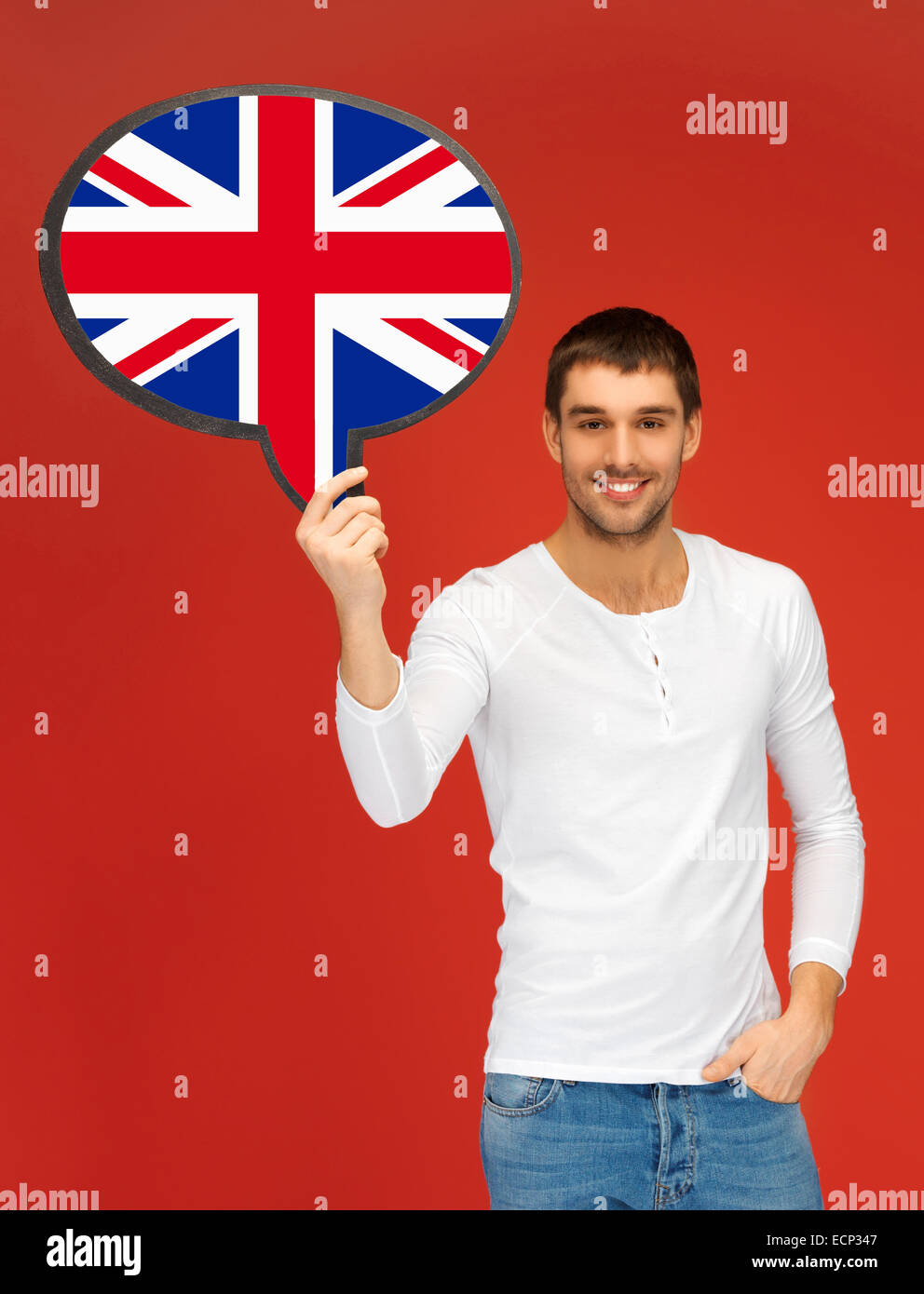 smiling man with text bubble of british flag Stock Photo - Alamy