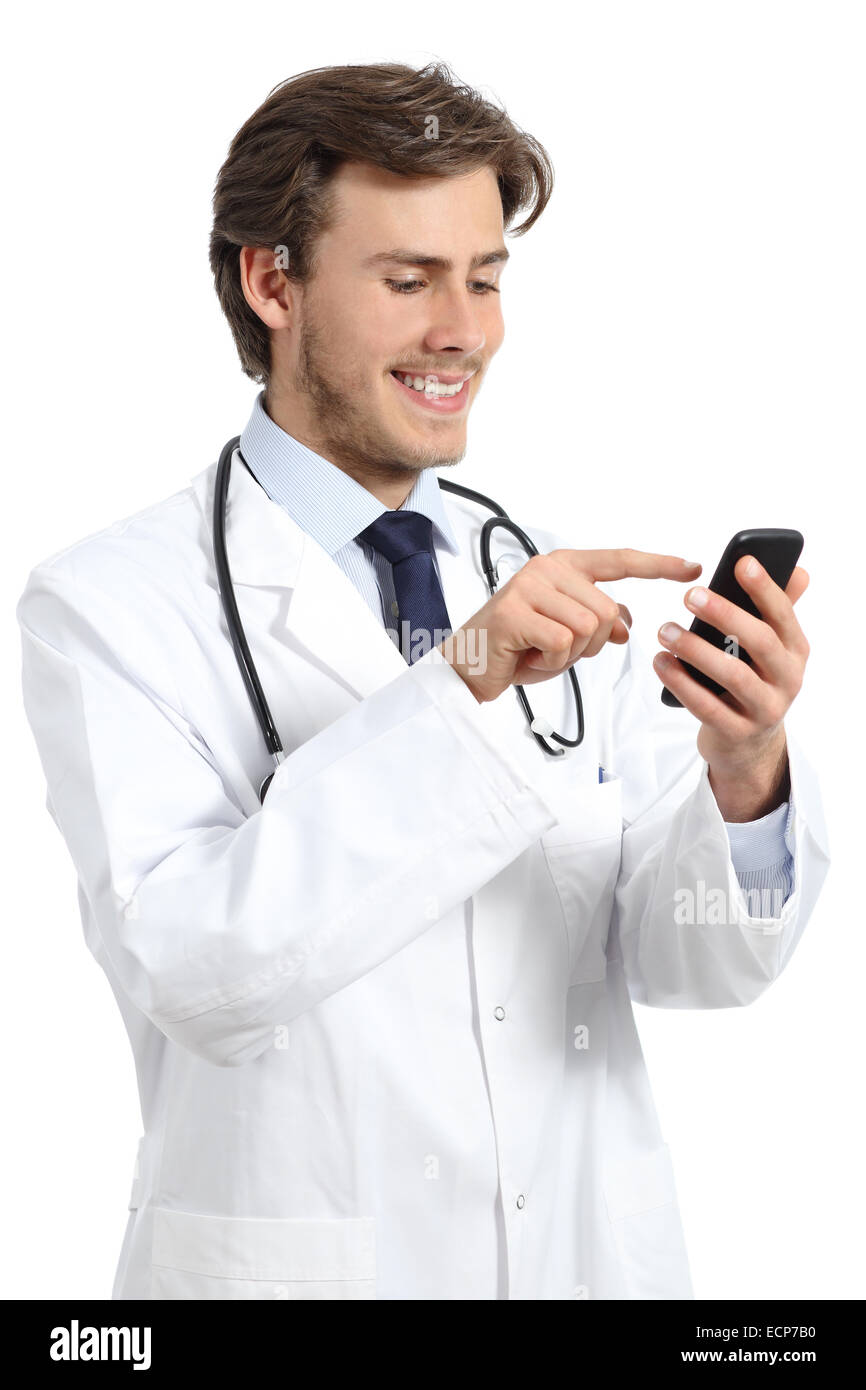 Happy doctor man texting on a smart phone isolated on a white ...