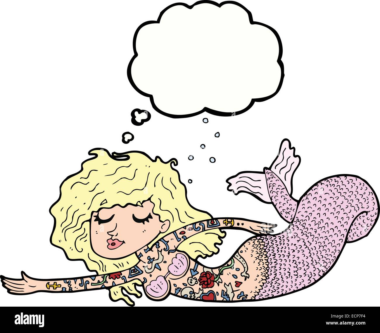 cartoon mermaid covered in tattoos with thought bubble Stock Vector ...