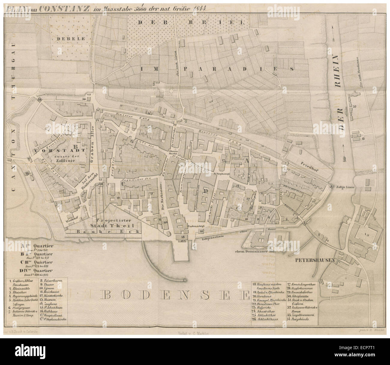A 1844 map of Constance (Konstanz), Germany, from the Grand Duchy of ...